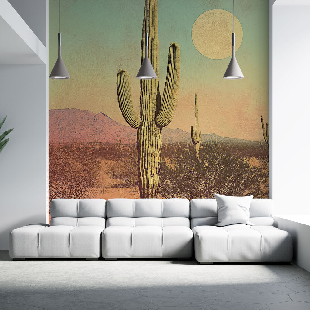 Mural Wallpaper desert | Desert landscape with cactus and sun — WonderMural