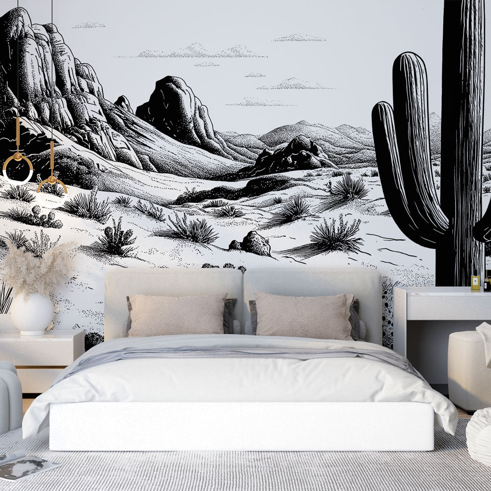 Mural Wallpaper desert | Stylized desert landscape in black and white ...