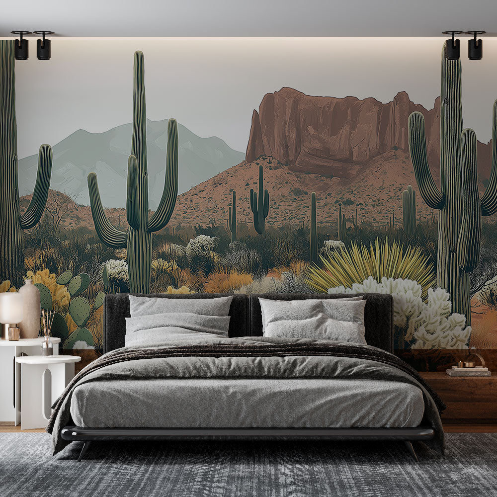 Mural Wallpaper desert | Cactus and arid landscapes in warm shades ...