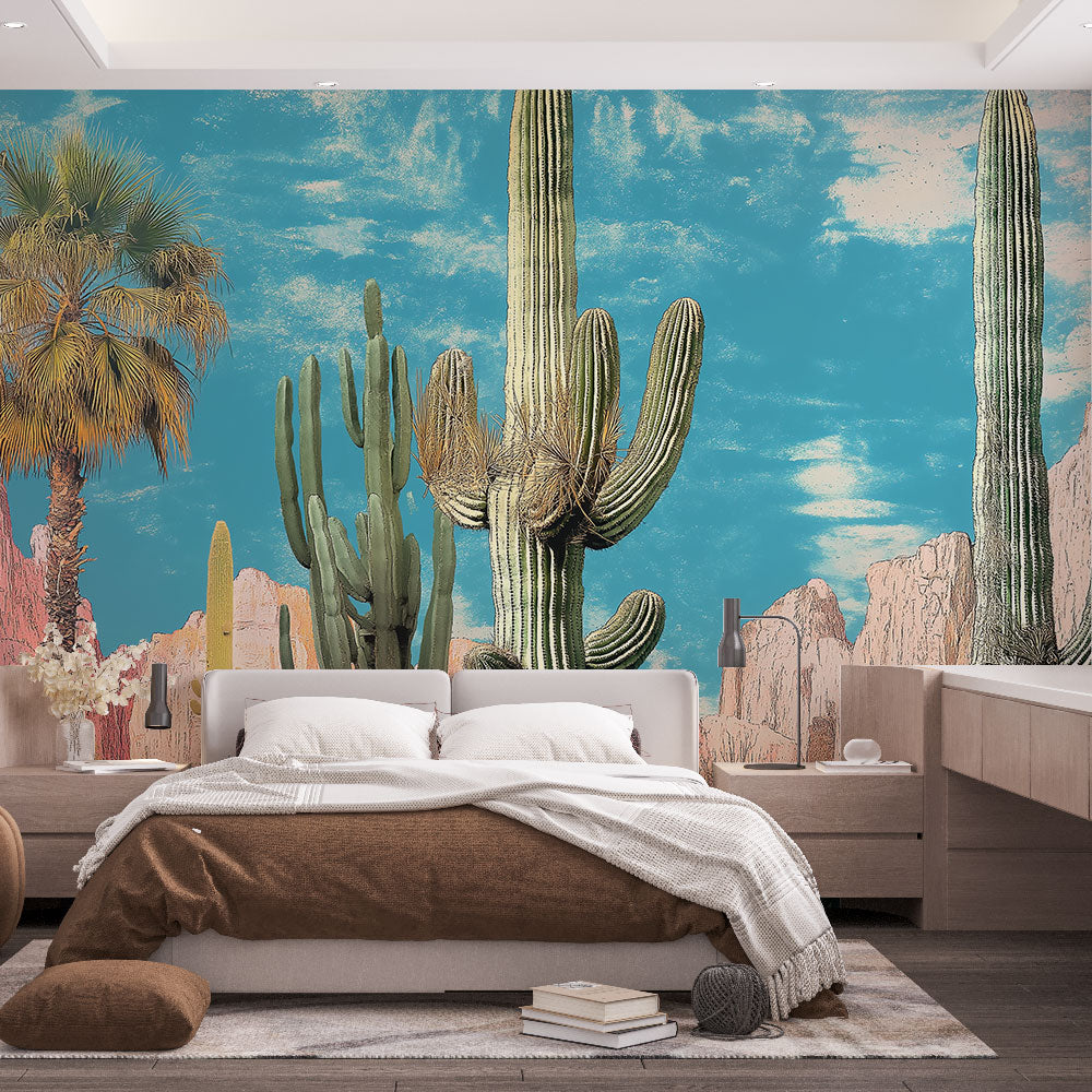 Mural Wallpaper desert | Cactus pattern and colorful arid landscapes ...