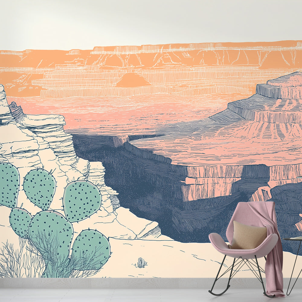 Mural Wallpaper desert | Stylized landscape with cacti and canyons ...