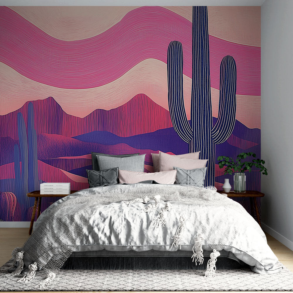 Mural Wallpaper desert | Stylized landscape with cacti and mountains ...