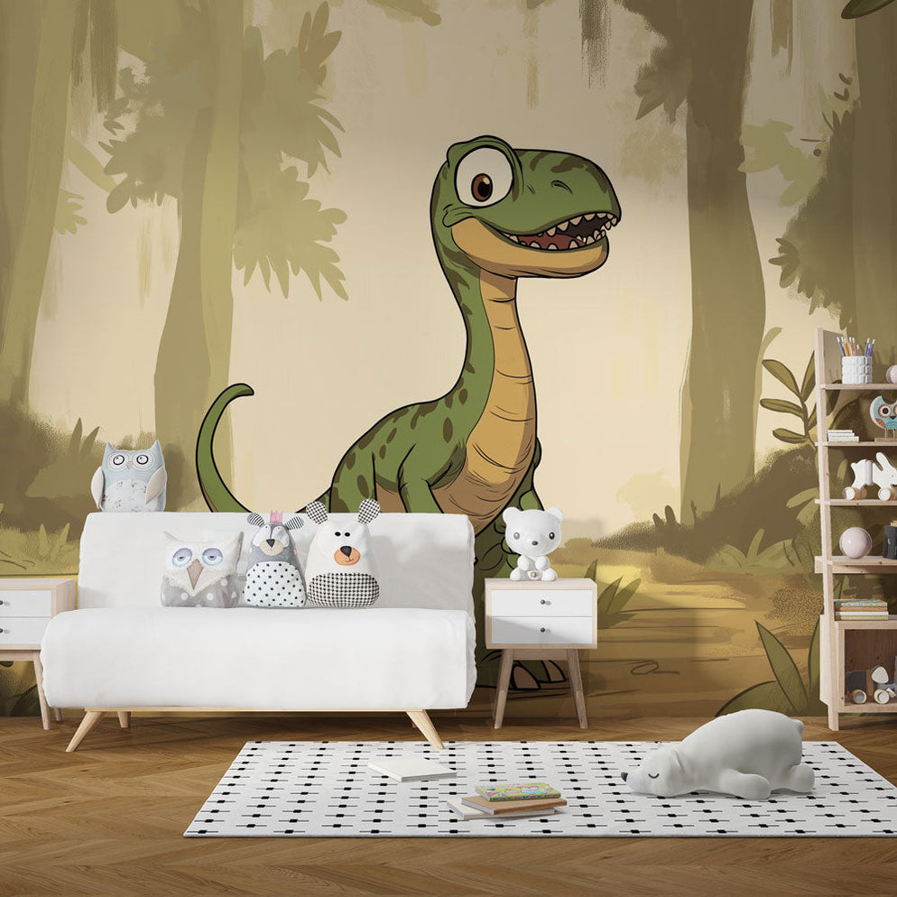 Mural Wallpaper dinosaur | Cartoon dinosaur in a soothing jungle ...