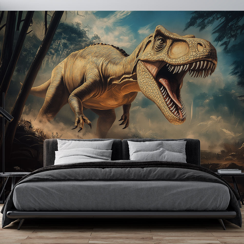 Mural Wallpaper dinosaur | Roaring Tyrannosaurus in the prehistoric ju ...