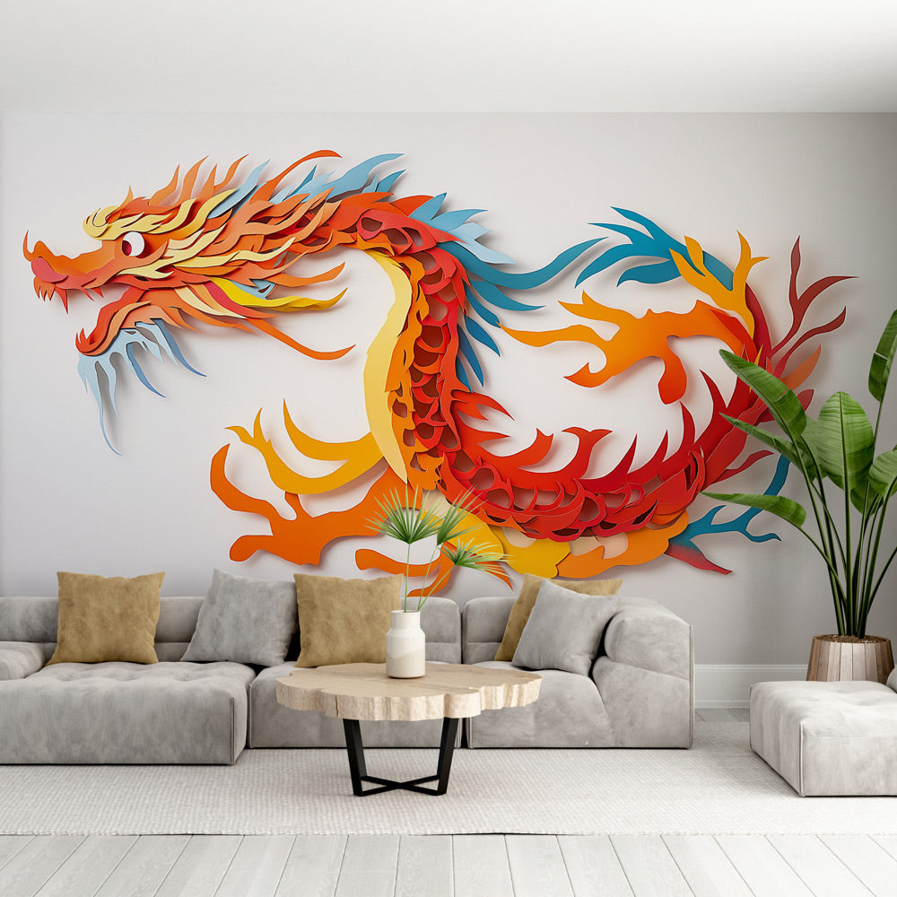 Mural Wallpaper Dragon | Colorful Dragon in Cut Paper — WonderMural