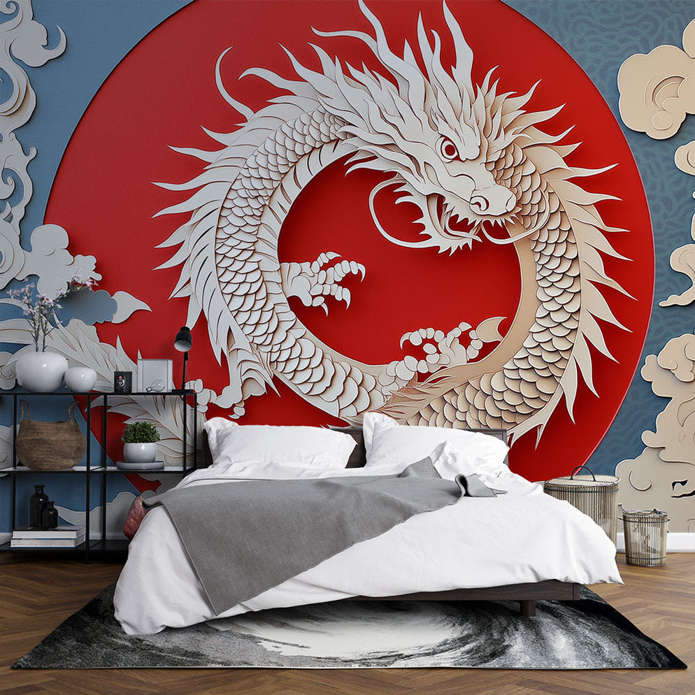 Mural Wallpaper dragon on paper | Artistic dragon design on red backgr ...
