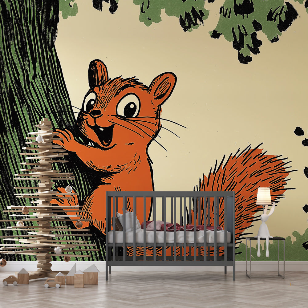 Mural Wallpaper joyful-squirrel | Playful squirrels on a pastel backgr ...