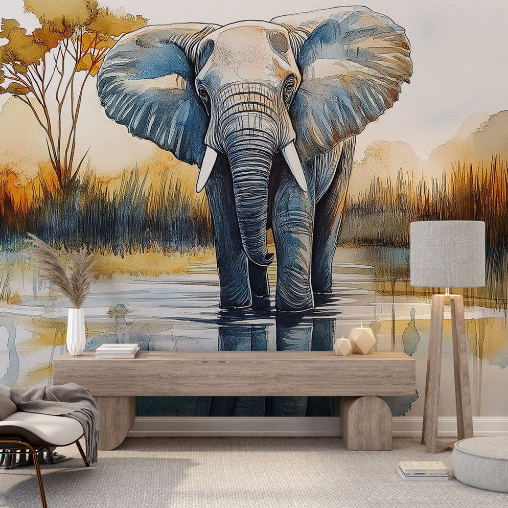 Mural Wallpaper elephant | Watercolor elegance of a majestic elephant ...