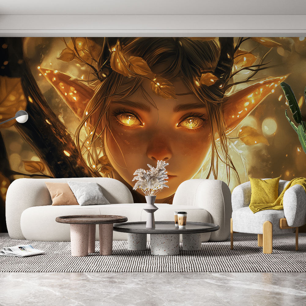 Mural Wallpaper Enchanted | Elf Face Illuminated by Golden Leaves ...