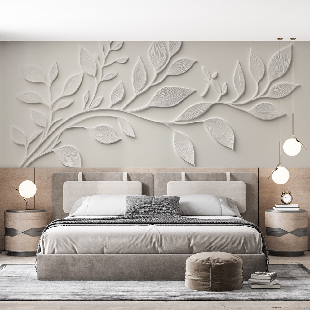 Mural Wallpaper white foliage | 3D Sculpture — WonderMural