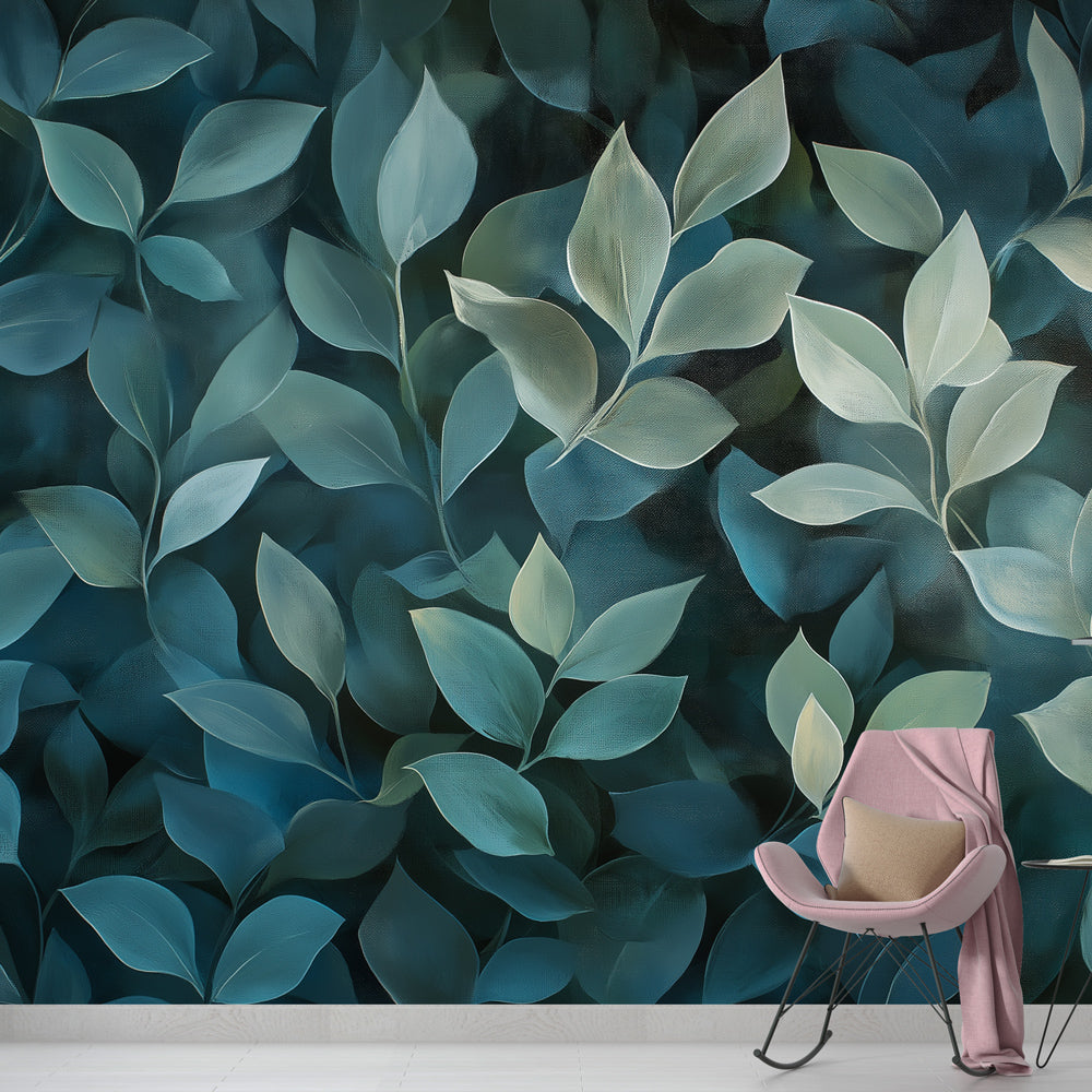 Mural Wallpaper blue foliage | Delicate leaves on deep background ...