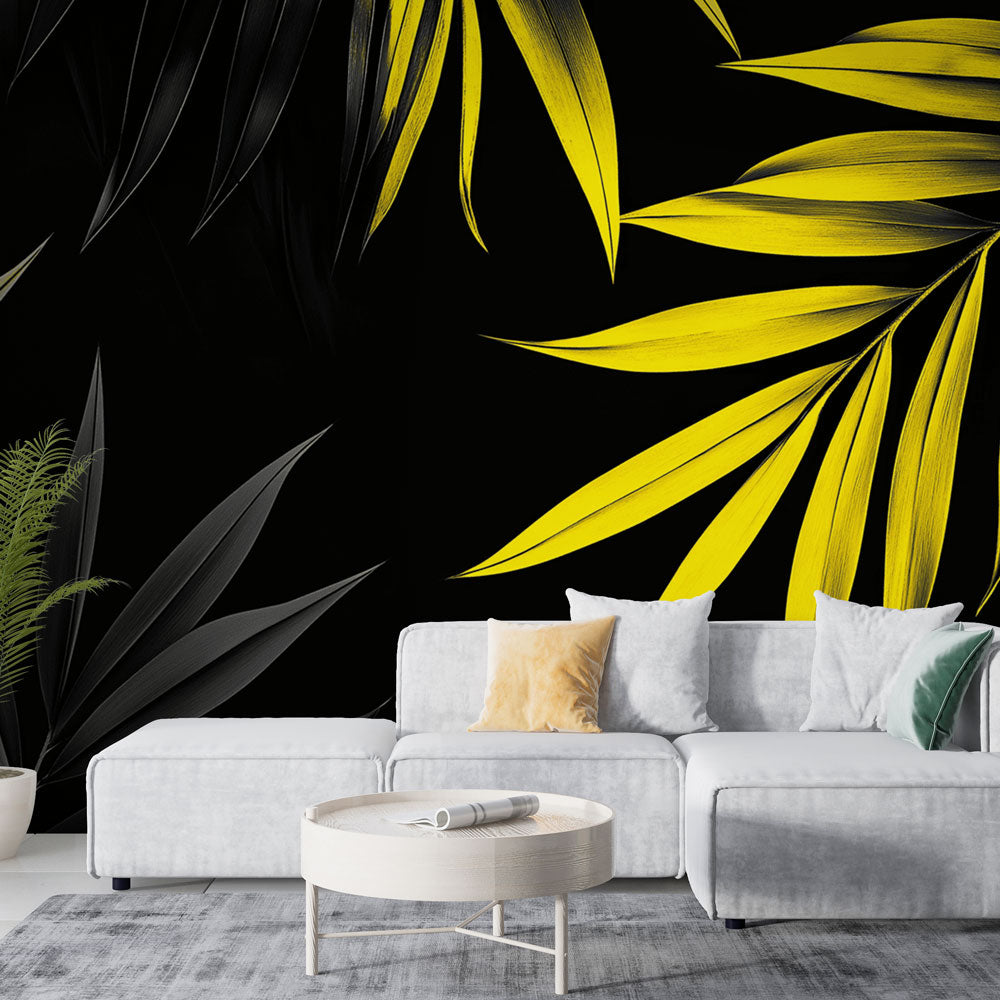 Tapetti musta ja keltainen lehtikuvio | Tyylitellyt lehdet mustalla ...