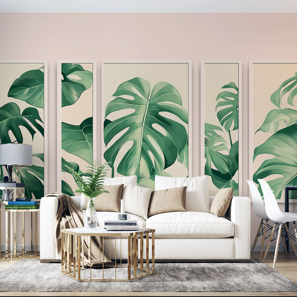 Mural Wallpaper tropical foliage | Monstera elements on a soft backgro ...