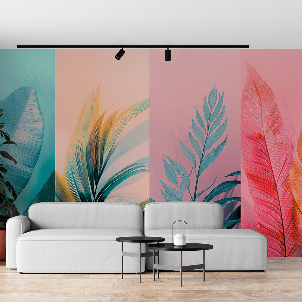 Papel pintado follaje tropical | Hojas coloridas estilizadas sobre fon ...