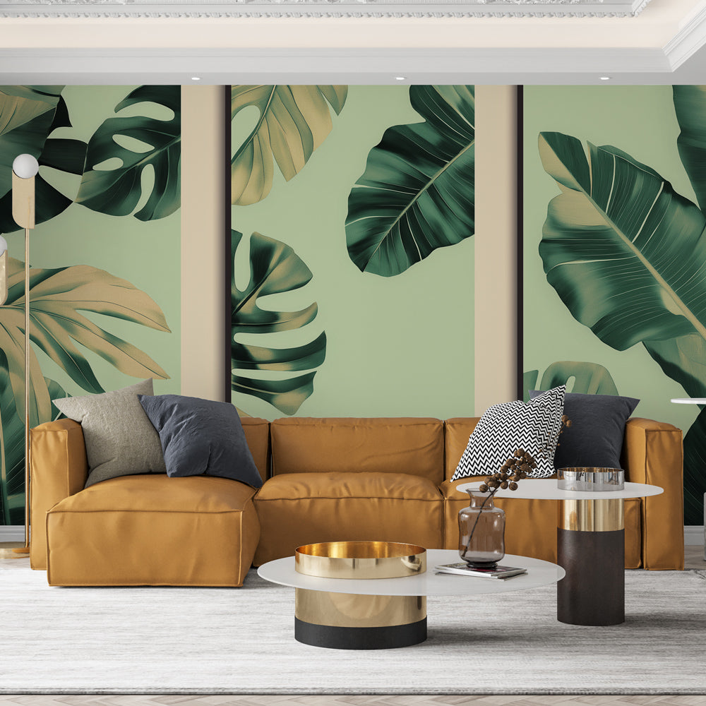 Mural Wallpaper tropical foliage | Large leaf patterns on pale green b — WonderMural