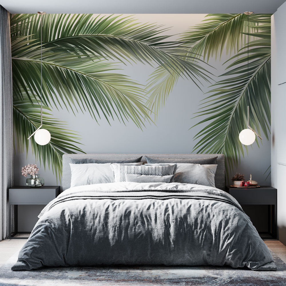 Green foliage mural wallpaper | Drooping palm branches and white backg ...