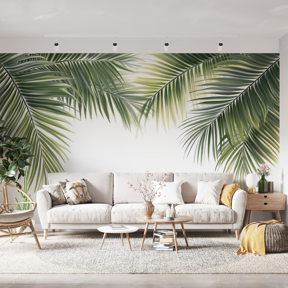 Mural Wallpaper green foliage | Pastel of falling palm branches ...