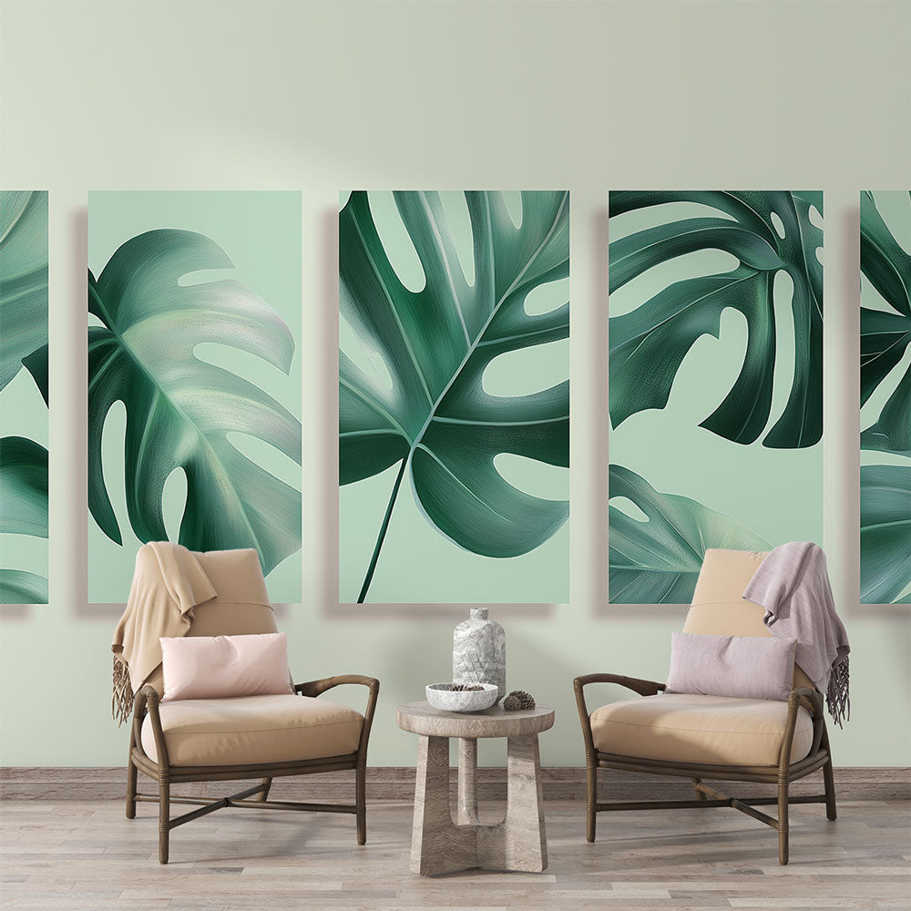 Mural Wallpaper monstera leaves | Set of lush patterns on a pastel bac ...