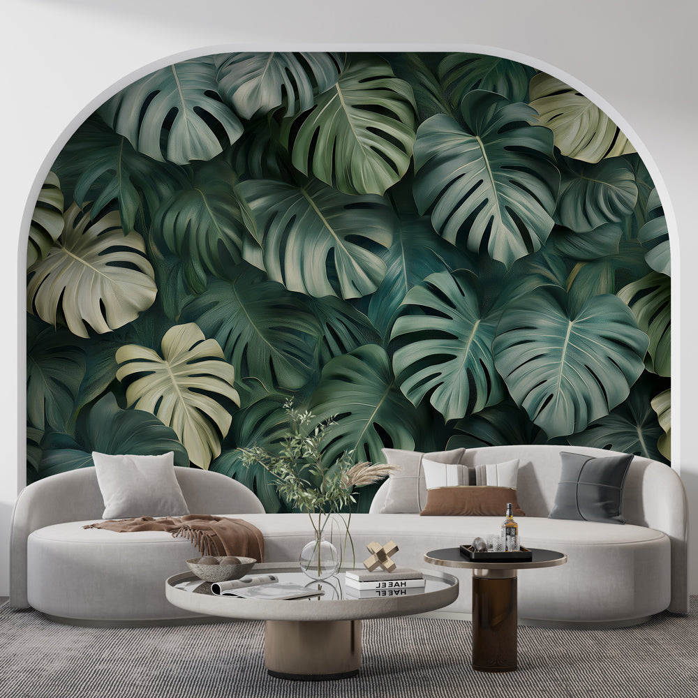 Mural Wallpaper monstera leaves | A lush pattern of monstera leaves wi — WonderMural