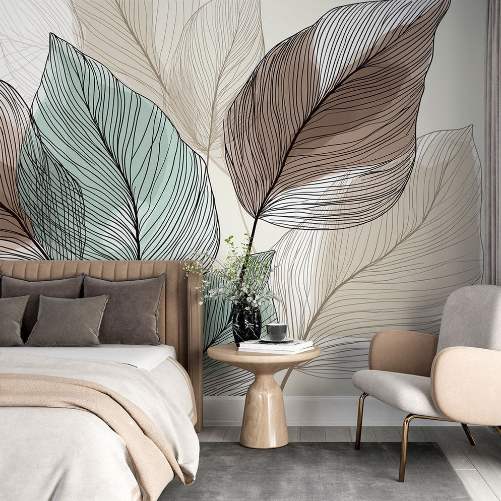 Mural Wallpaper linear leaves | Delicate pattern of leaves in soft sha ...