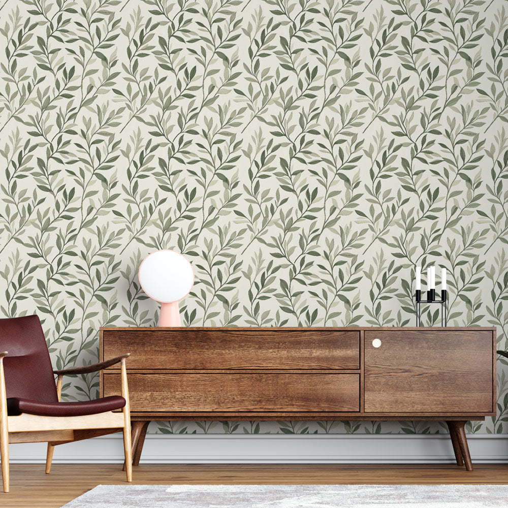 Mural Wallpaper green leaves | Elegant leafy branches on a creamy back ...