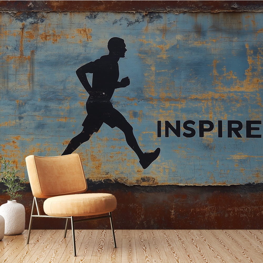 Mural Wallpaper fitness | Silhouette of a runner with the word 'INSPIR ...