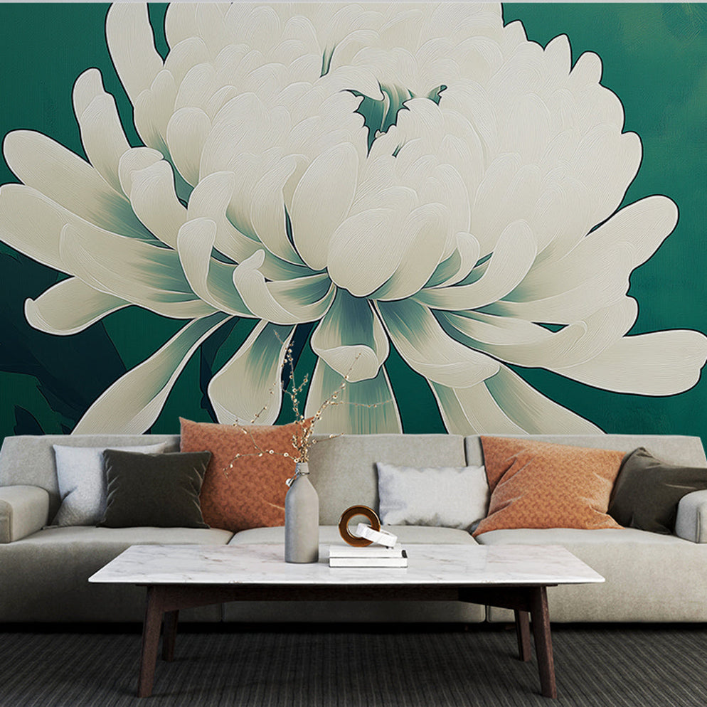Mural Wallpaper chrysanthemum-flower | Elegant white flower on deep gr ...