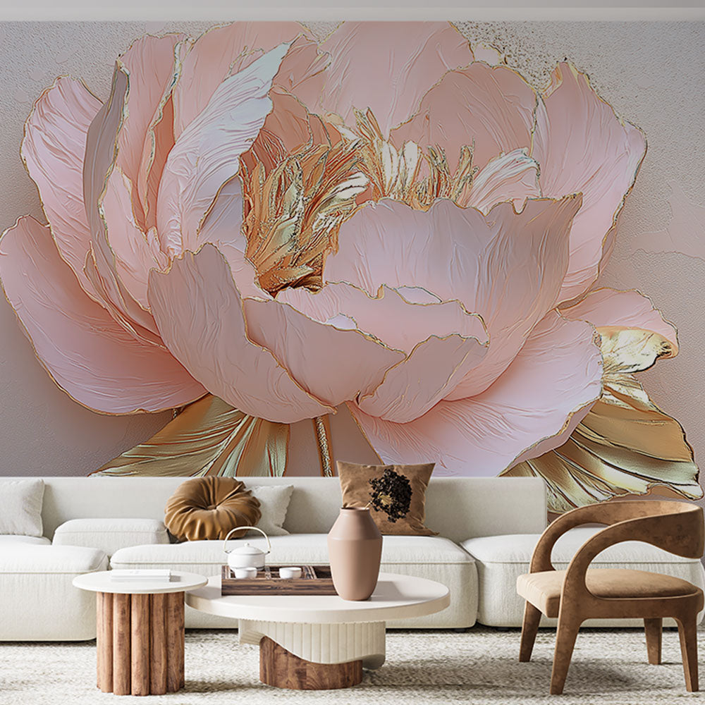 Mural Wallpaper golden flower | Delicate peony with pink and golden pe ...