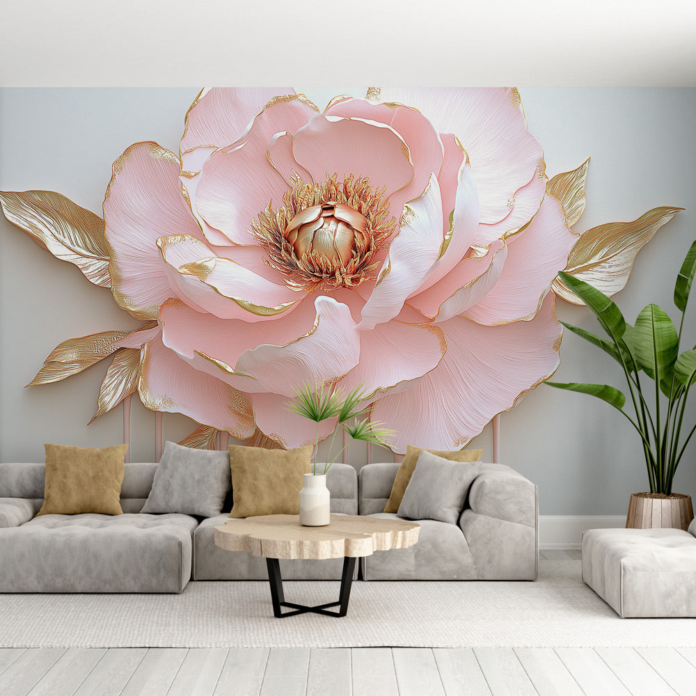 Mural Wallpaper flower in relief | Large pink peony pattern with golde ...