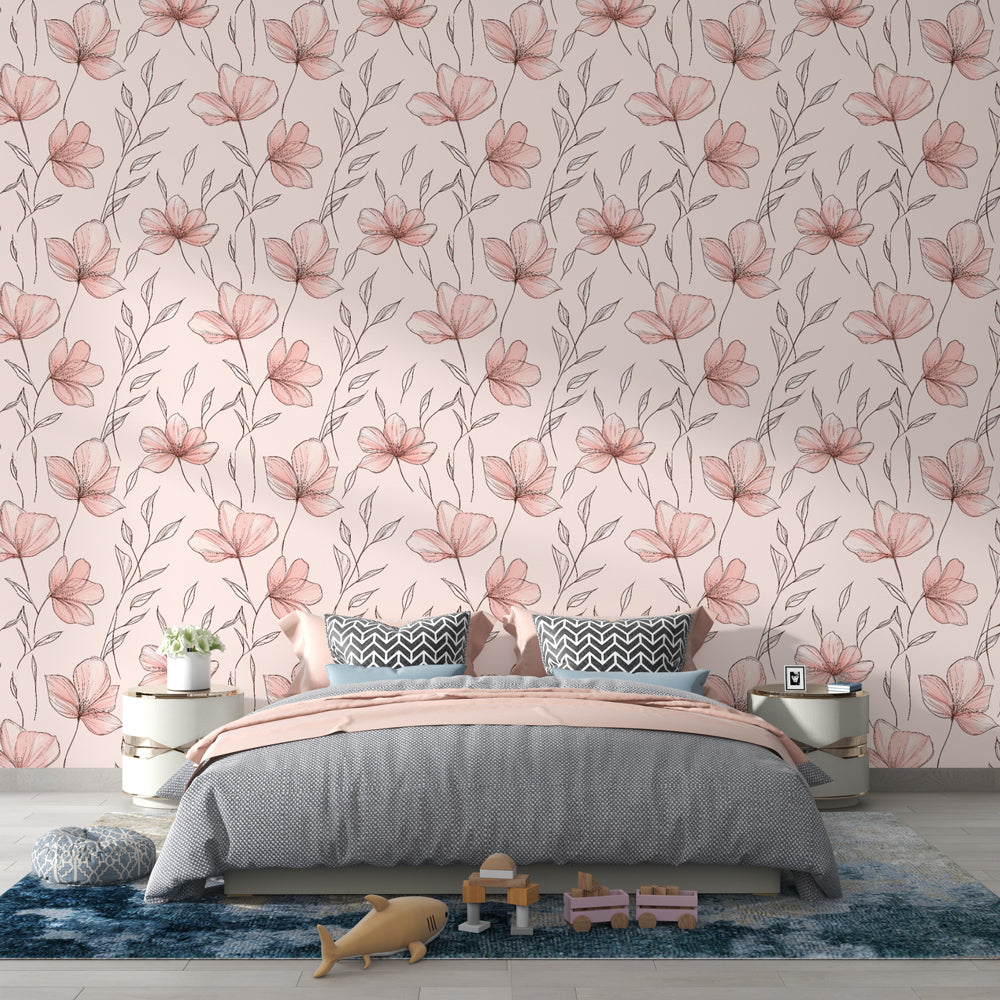 Mural Wallpaper with floral pattern | Pink flower motif on a pastel ba ...