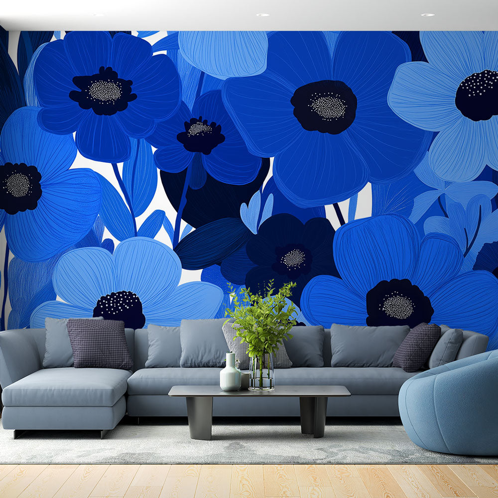 Blue floral mural wallpaper | Large blue flowers on a white background ...
