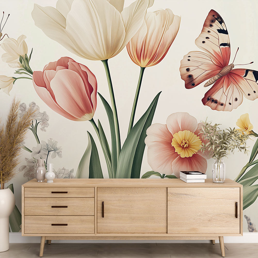 Mural Wallpaper floral | Colorful composition of flowers and butterfli ...