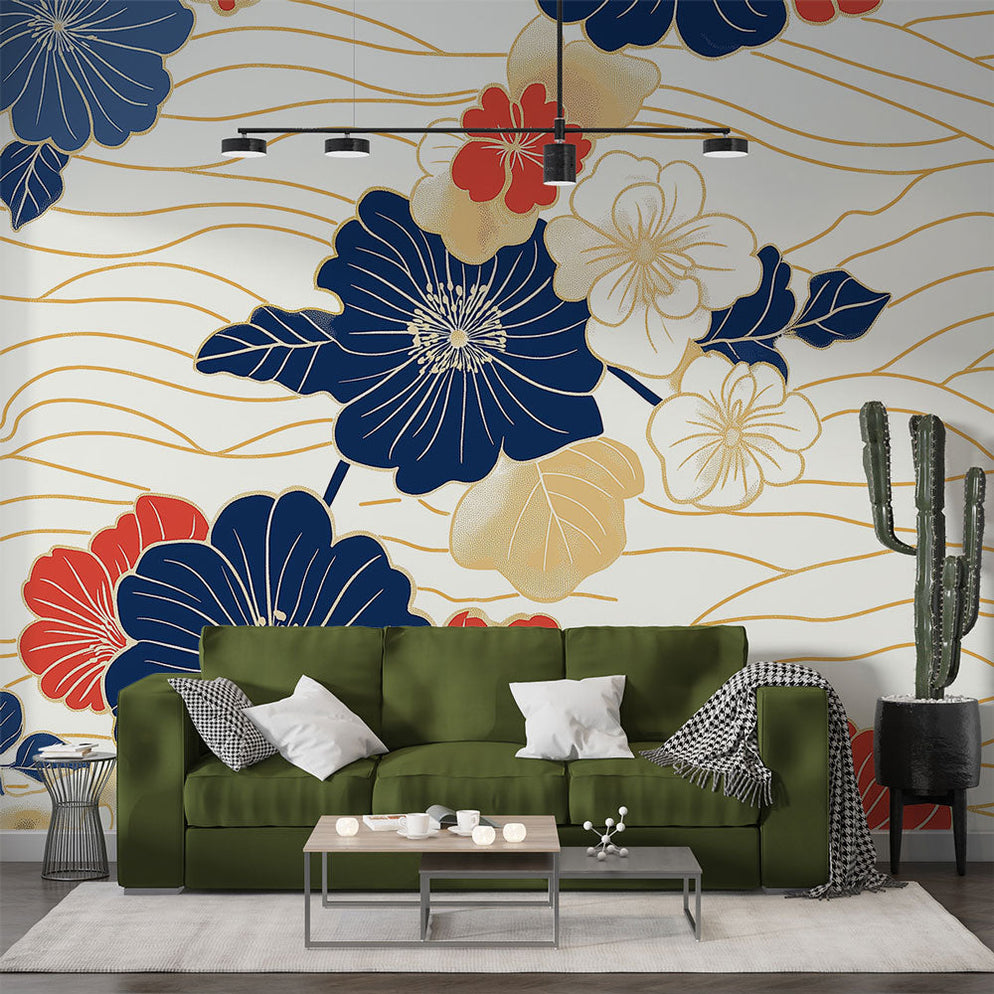 Mural Wallpaper floral | Burst of red, blue, and golden flowers on a l ...