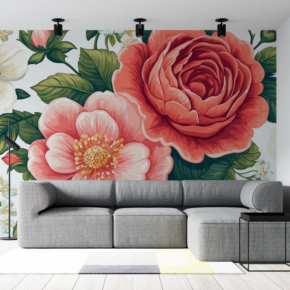 Mural Wallpaper floral | Burst of Roses and White Flowers — WonderMural