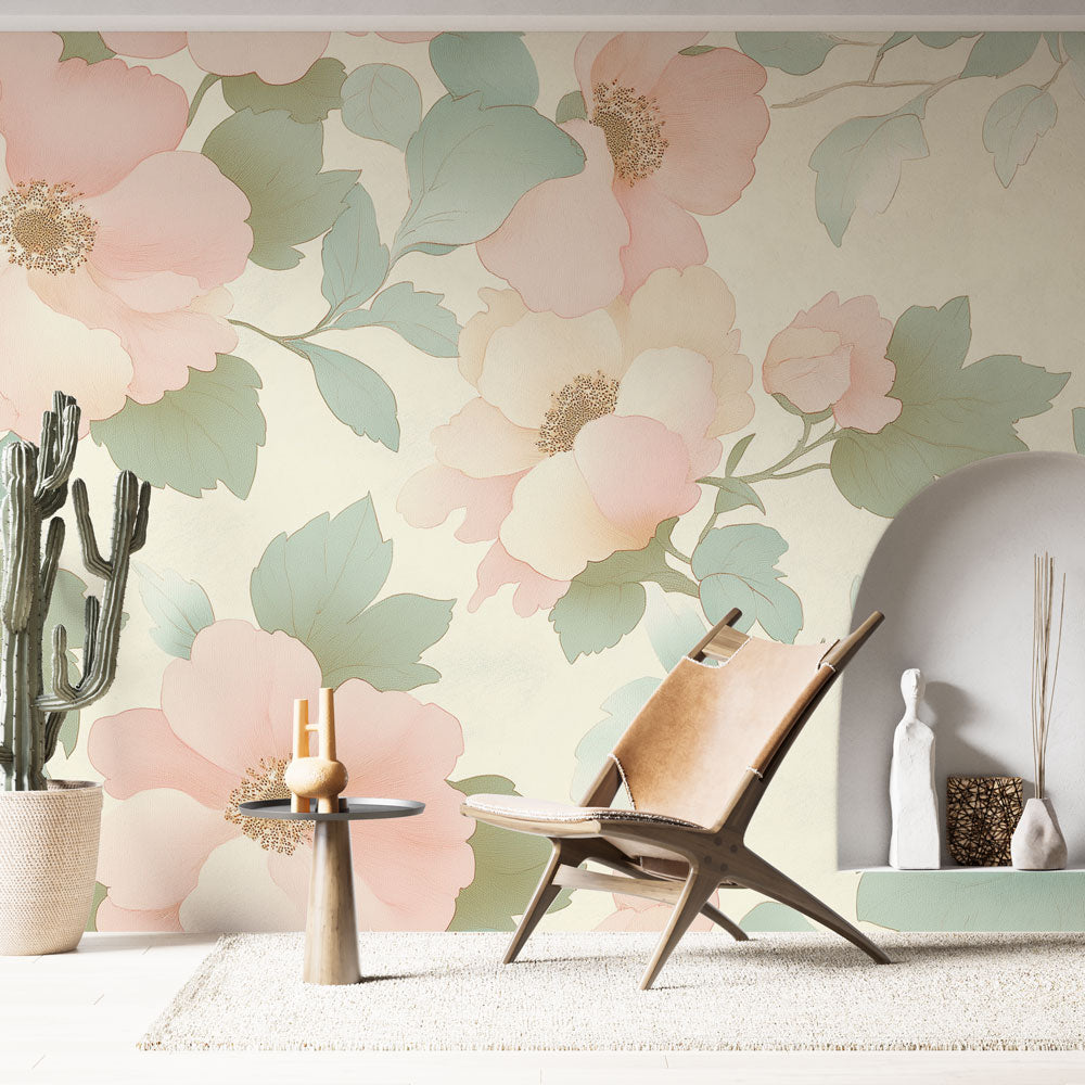 Mural Wallpaper floral | Soft glow of pastel flowers — WonderMural