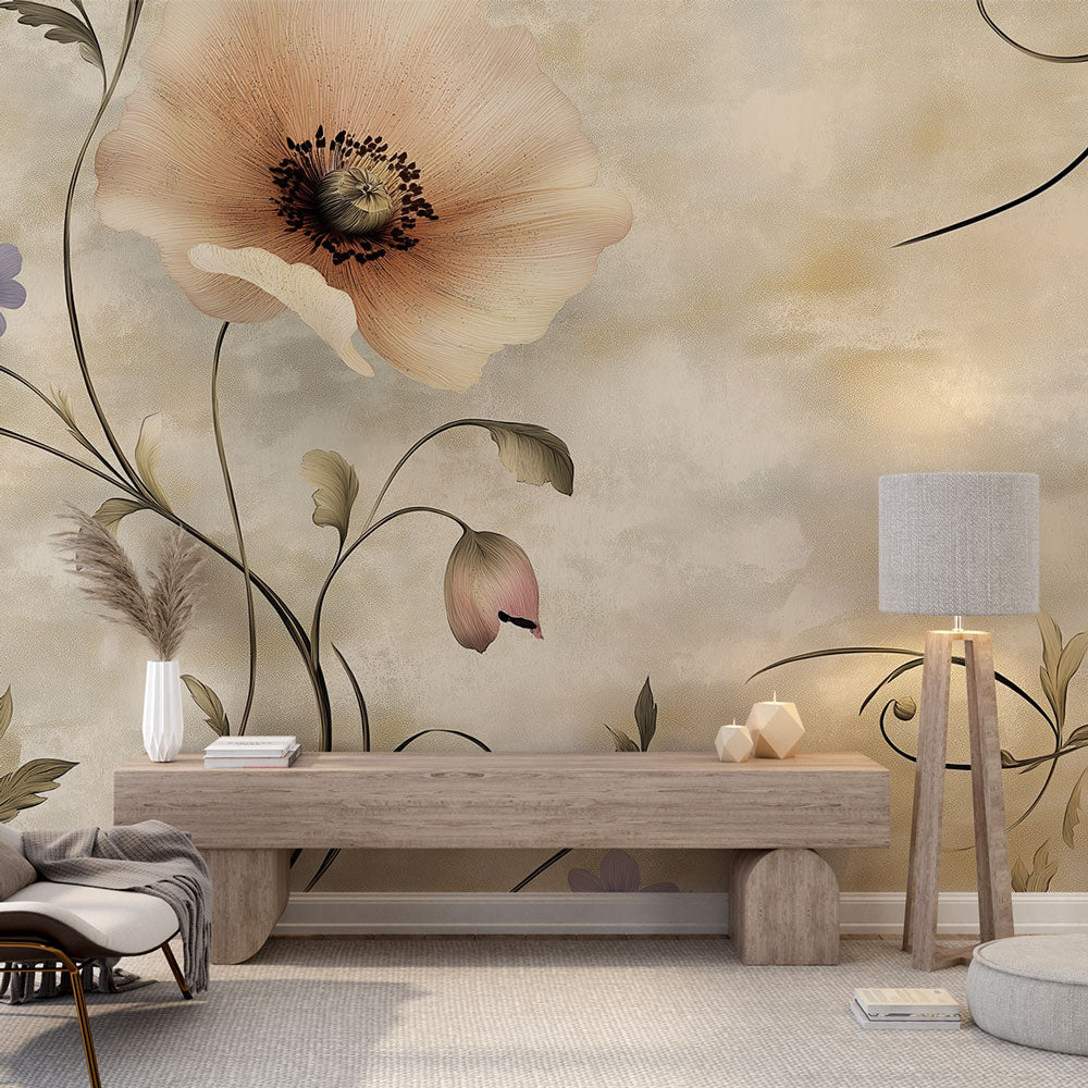 Mural Wallpaper floral | Delicate flowers on a neutral background ...