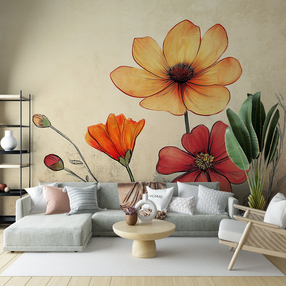Mural Wallpaper floral | Bright flowers on neutral background — WonderMural