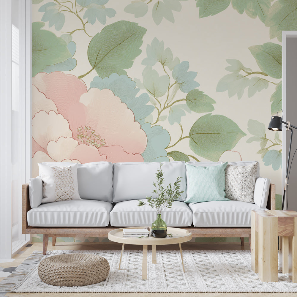 Mural Wallpaper floral | Pastel flowers and delicate foliage — WonderMural