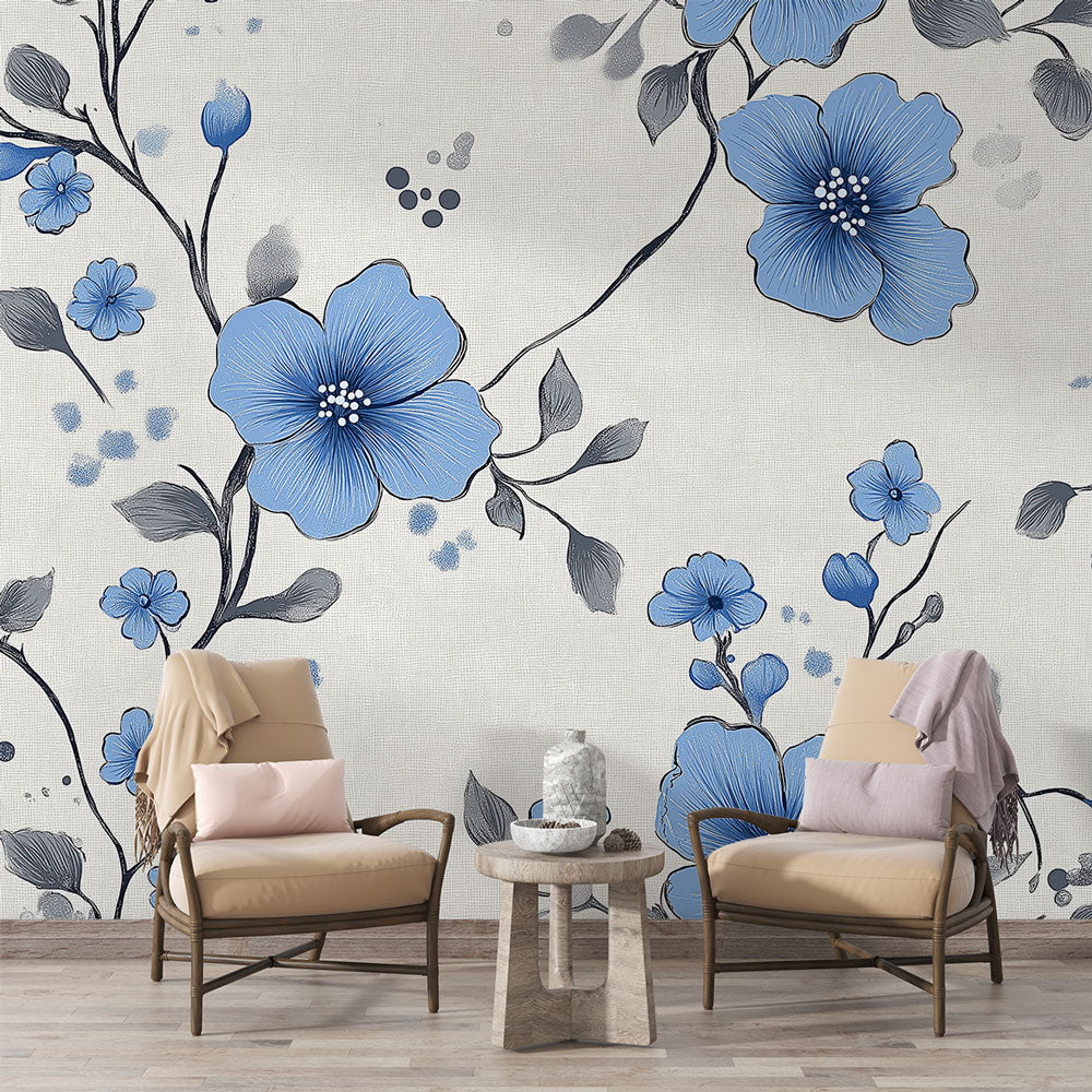 Mural Wallpaper floral | Blue pattern on light background — WonderMural