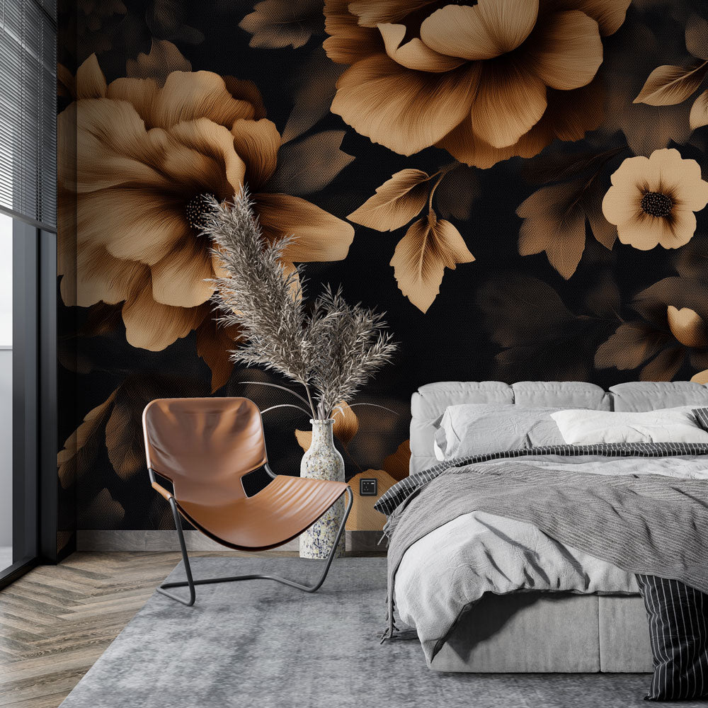 Mural Wallpaper floral | Beige flower pattern on black background ...