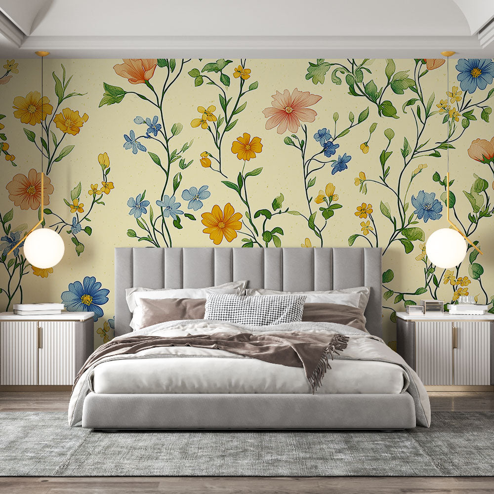 Mural Wallpaper floral | Motif of colorful flowers on yellow backgroun ...