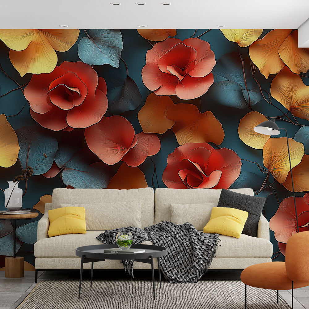 Mural Wallpaper floral | Pattern of vibrant flowers and leaves ...