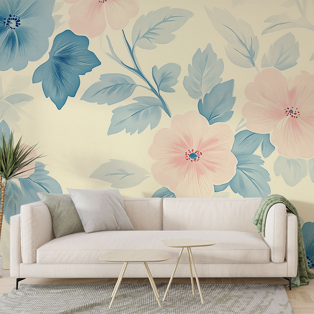 Mural Wallpaper floral | Pattern of pink and blue flowers on a light b ...