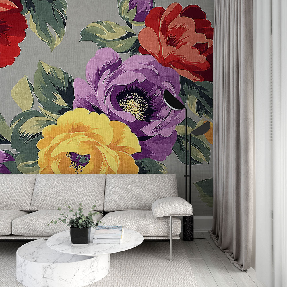 Mural Wallpaper floral | Bright pattern of multicolored flowers on a g ...