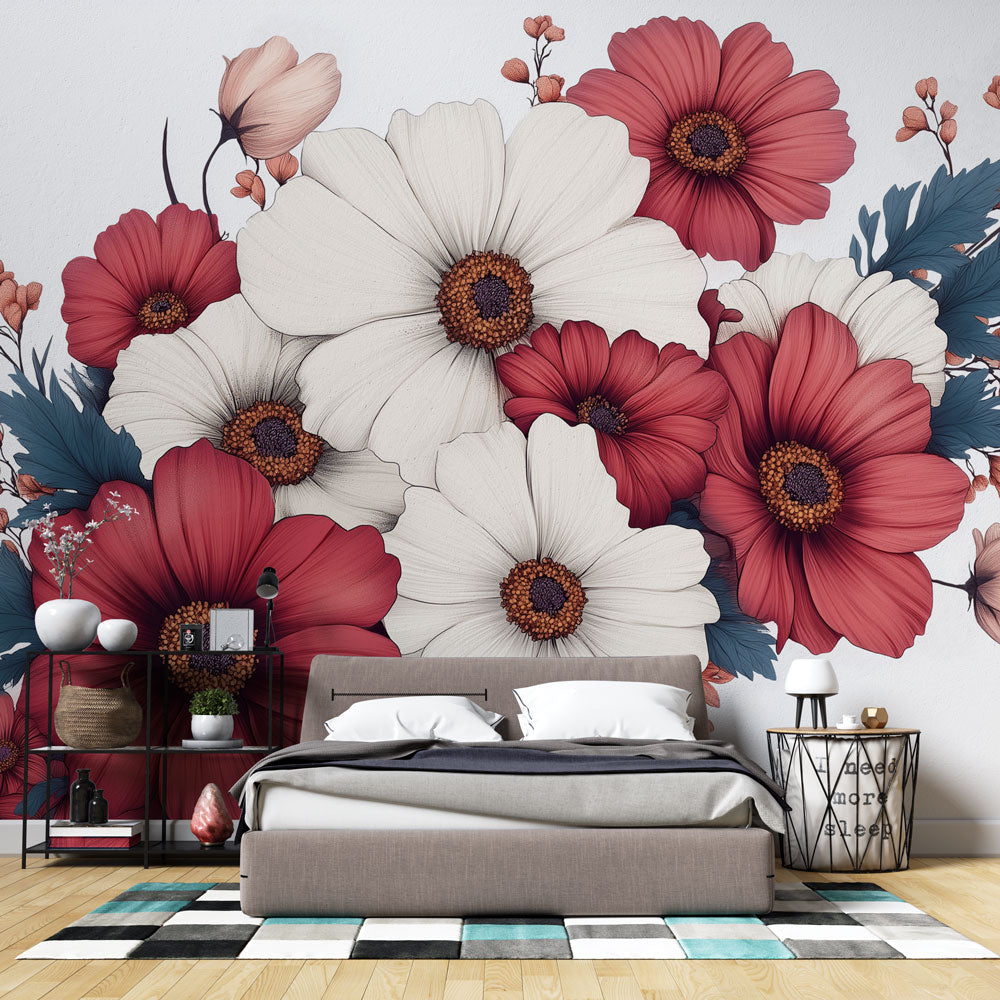 Mural Wallpaper floral | Motifs de fleurs rouges et blanches — WonderMural