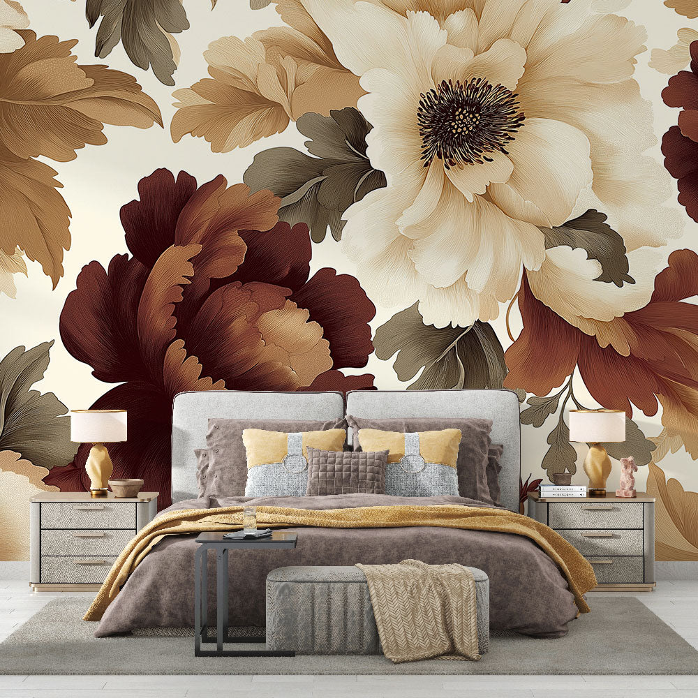 Mural Wallpaper floral | Flower and foliage patterns in warm shades ...