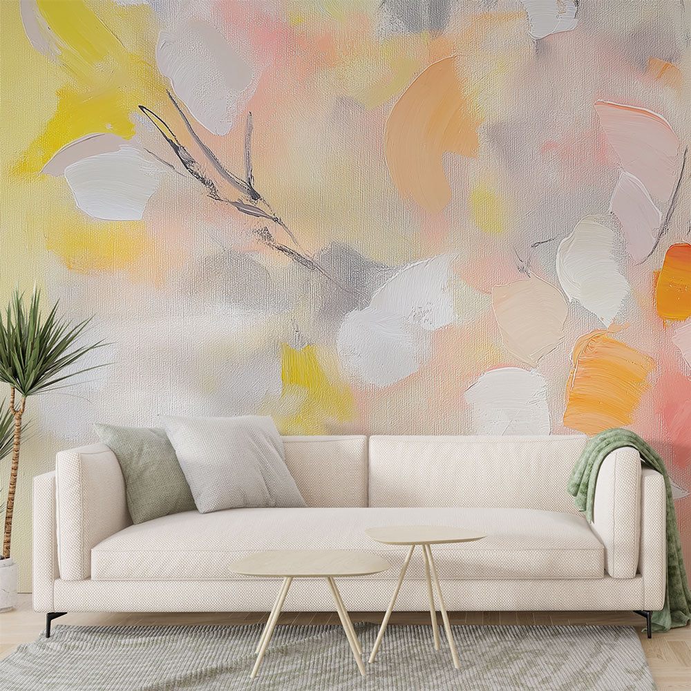 Pastel floral mural wallpaper | Soft abstract leaves on a bright backg ...