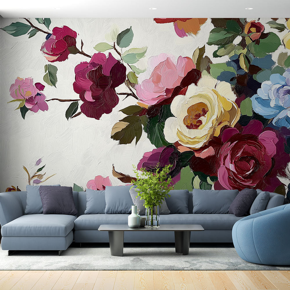Mural Wallpaper floral | Colorful roses on light background — WonderMural