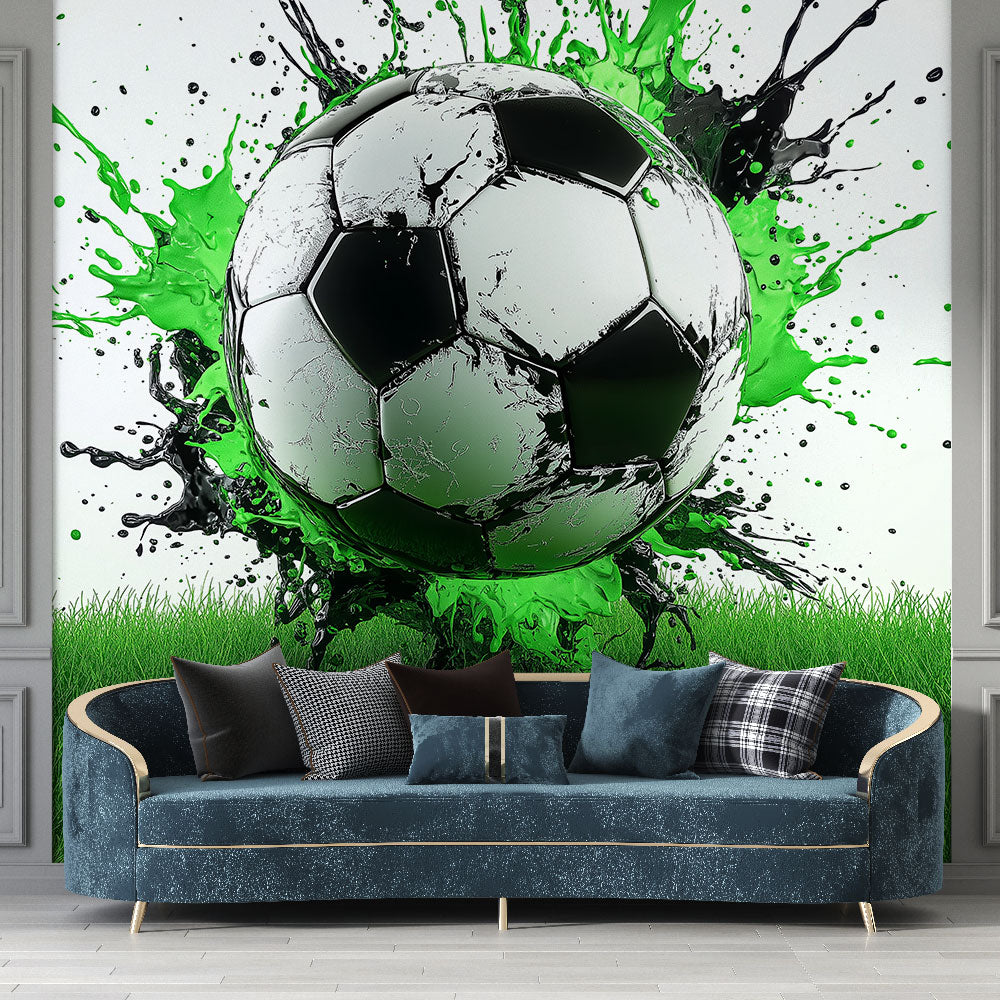 Mural Wallpaper football | Dynamic design with ball and green splashes ...