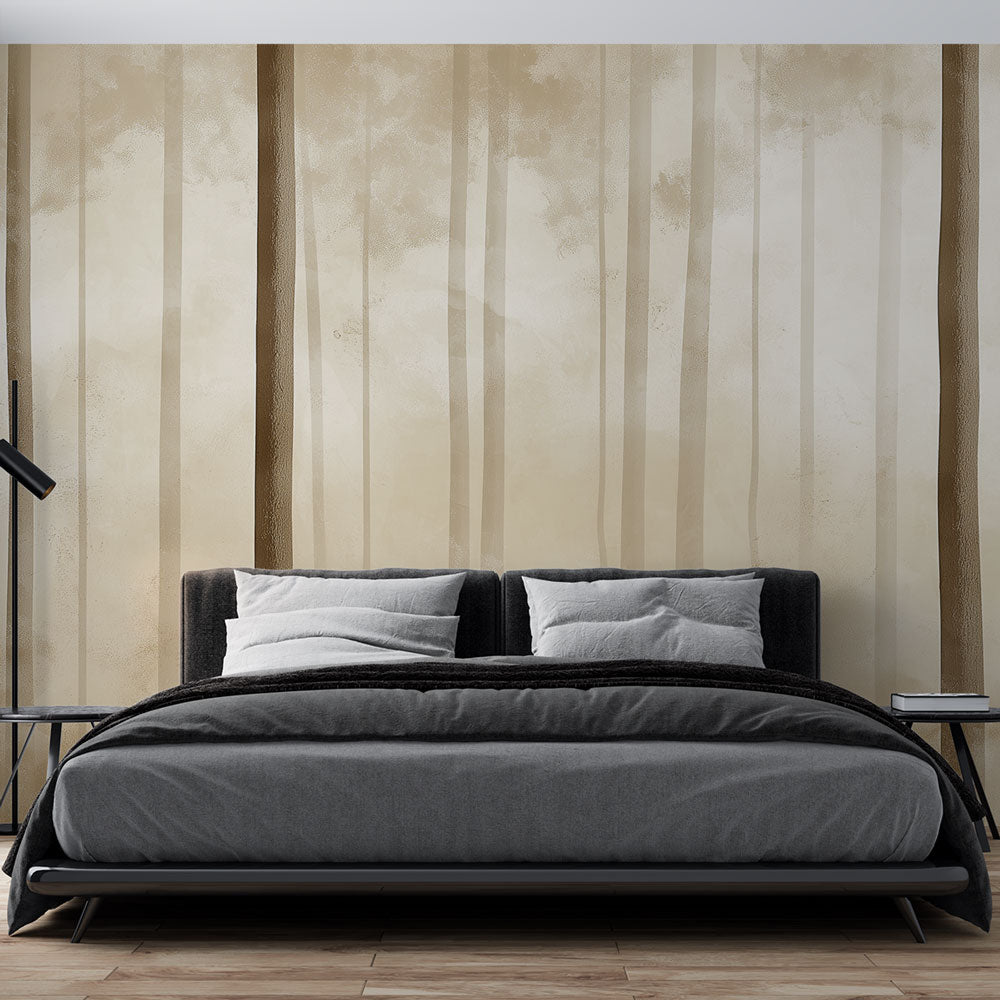 Tapet de pădure încețoșată | Copaci înalți în tonuri naturale moiI18n ...